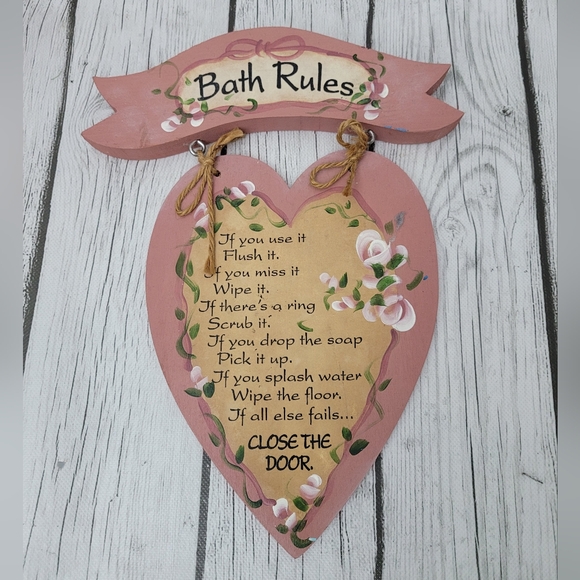 Unique Vintage | Wall Decor | Wooden Hand Painted Bath Rules Pink Heartshaped Deco Sign | Poshmark